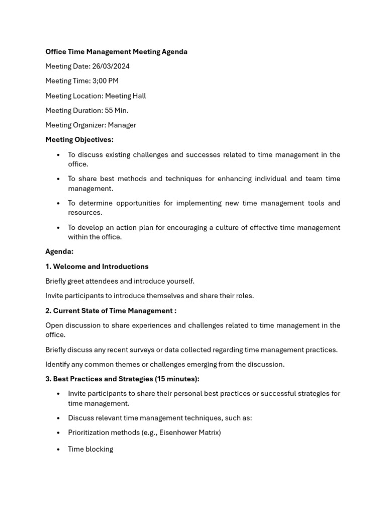 Office Time Management Meeting Agenda | PDF | Time Management ...