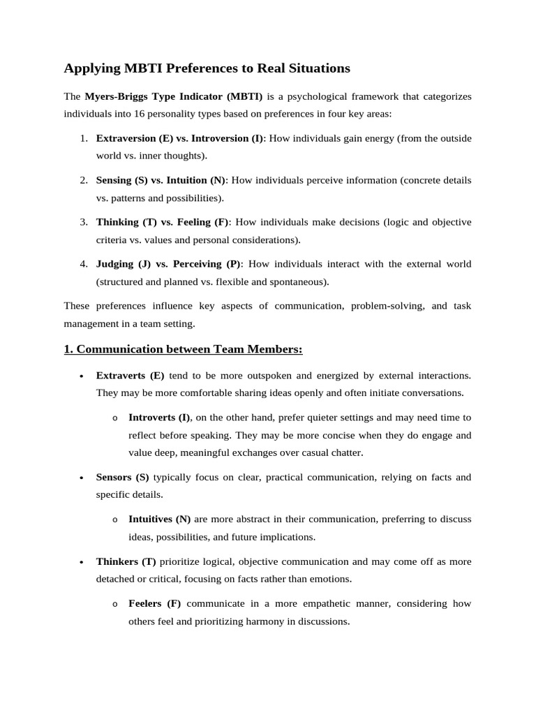 Applying MBTI Preferences To Real Situations | PDF | Personality Type ...