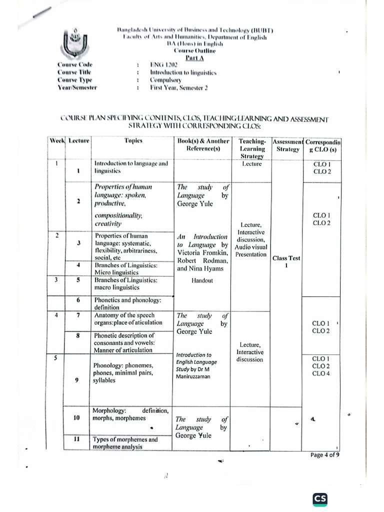 Course Outline Linguistics Siddik Sir | PDF
