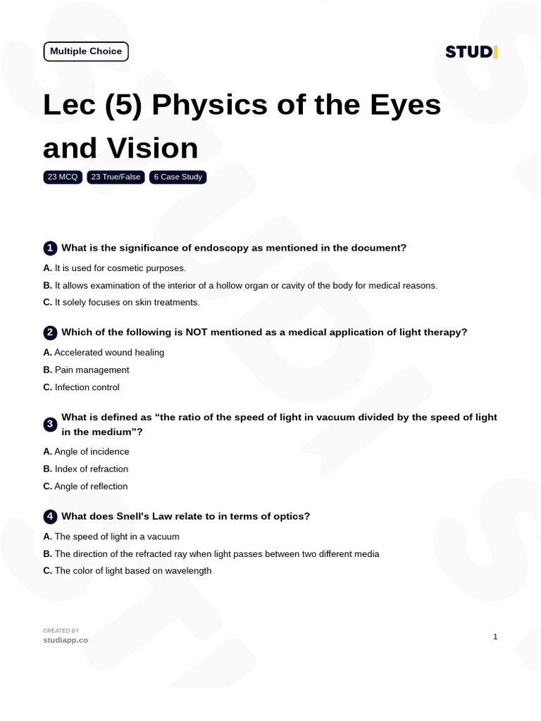 Lec (5) Physics of The Eyes and Vision: Multiple Choice | PDF | Myopia ...
