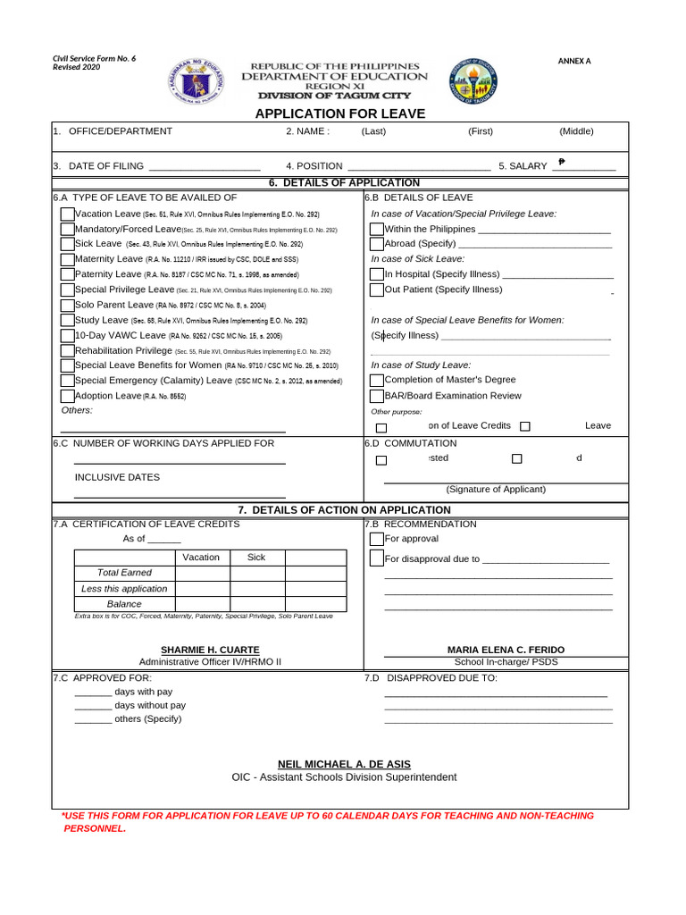 LEAVE FORM NEW CS Form No. 6 Revised 2020 - LEAVE FORM - JAN 2024 - SCHOOL TP NTP 7 | PDF ...