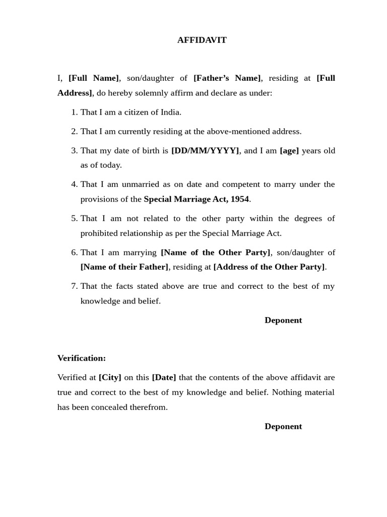 Marriage Affidavit Format India | PDF