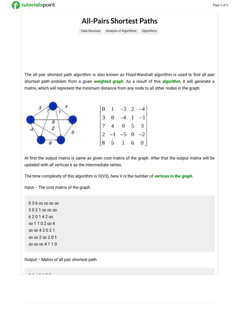 All-Pairs Shortest Paths | PDF | Vertex (Graph Theory) | Theoretical ...