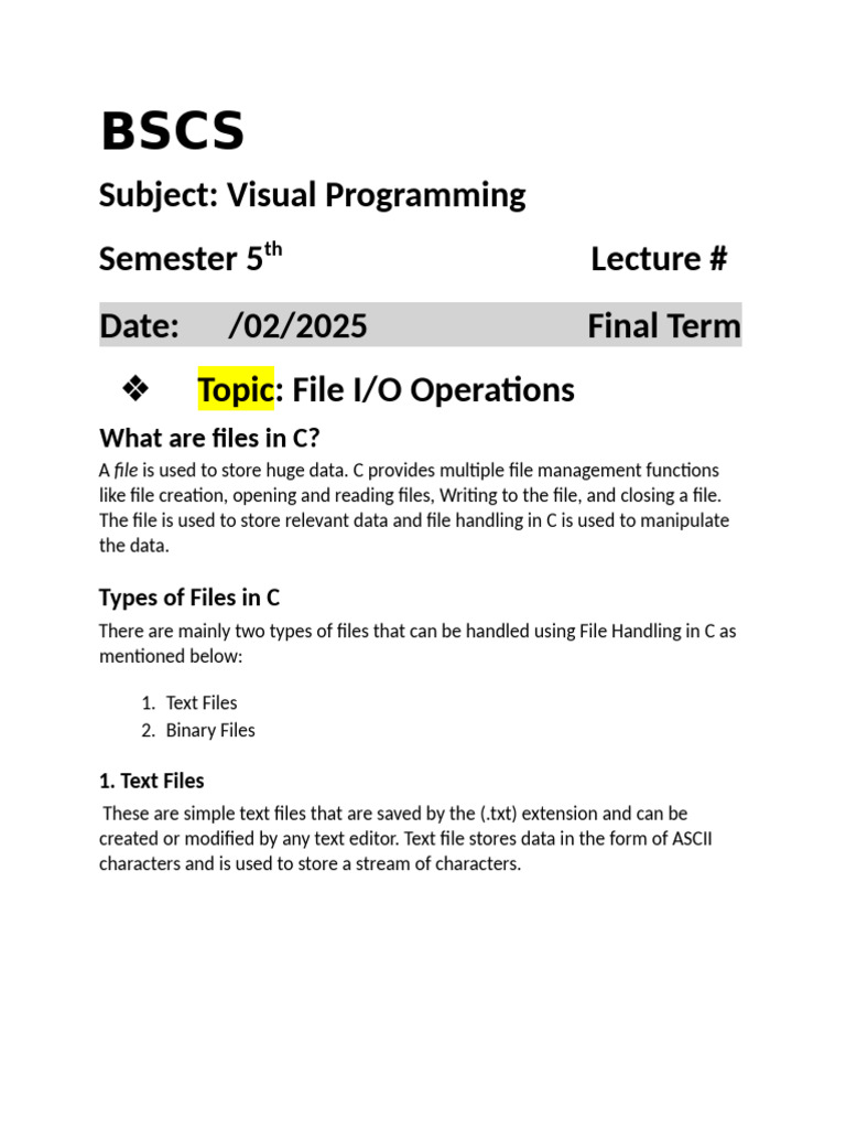 File I/O Operations in C Programming | PDF