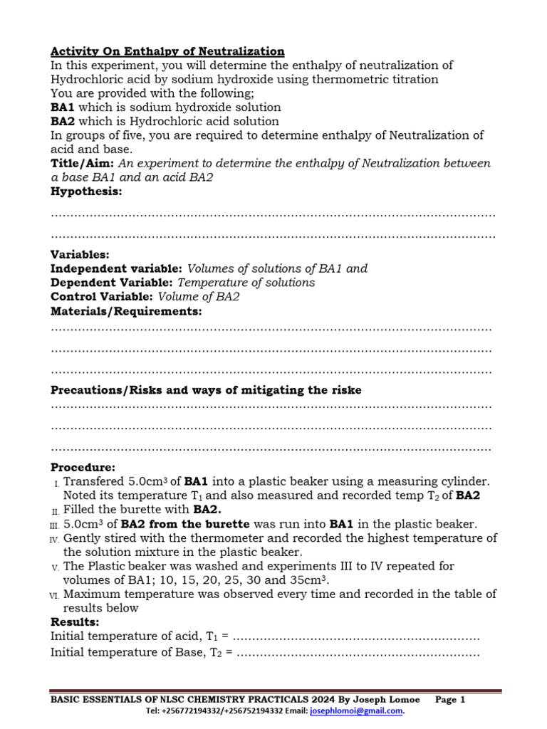 Activity On Enthalpy of Neutralization | PDF | Acid | Scientific Phenomena