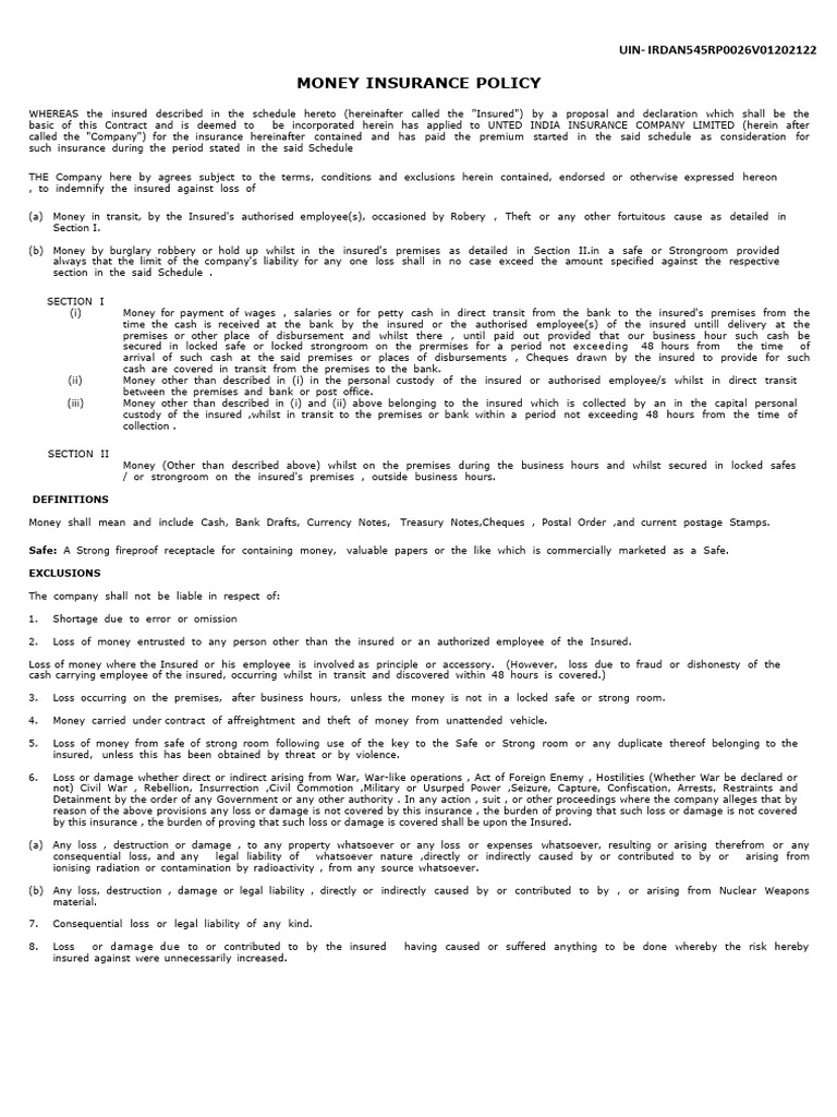 MONEY INSURANCE POLICY - Wordings | PDF | Insurance | Infection