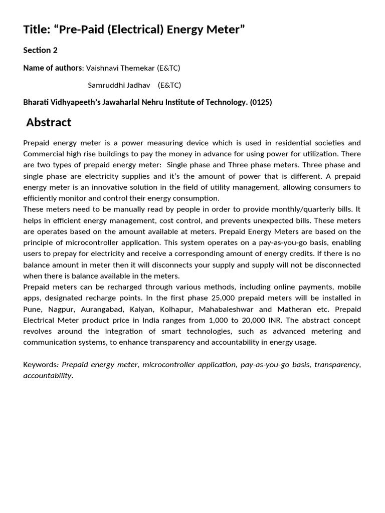 Abstract of Prepaid Energy Meter | PDF