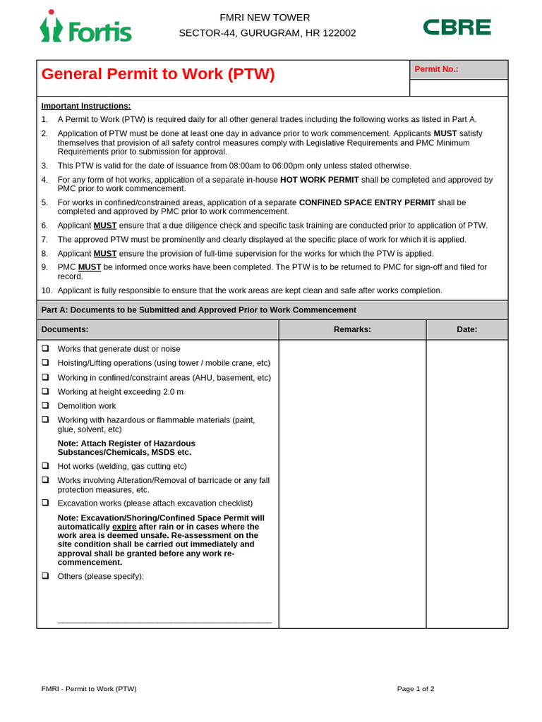Form PTW 002 - General Permit to Work | PDF | Occupational Safety And ...