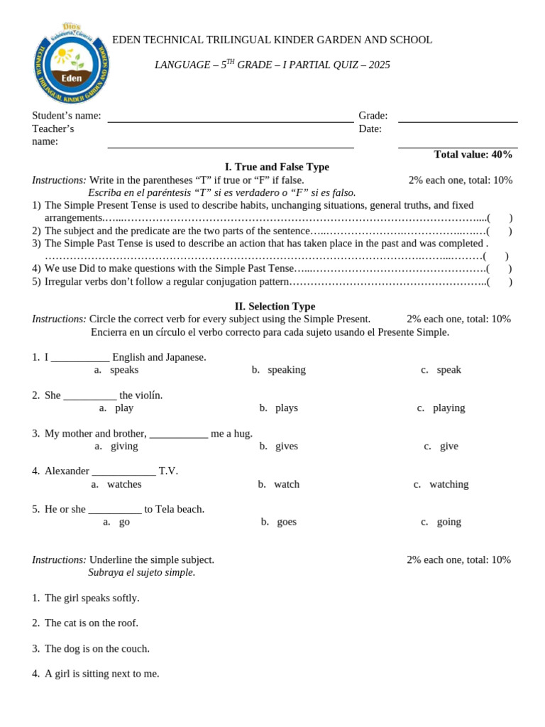 Quiz for 5th Grade I Partial - Language | PDF | Subject (Grammar) | Grammatical Tense