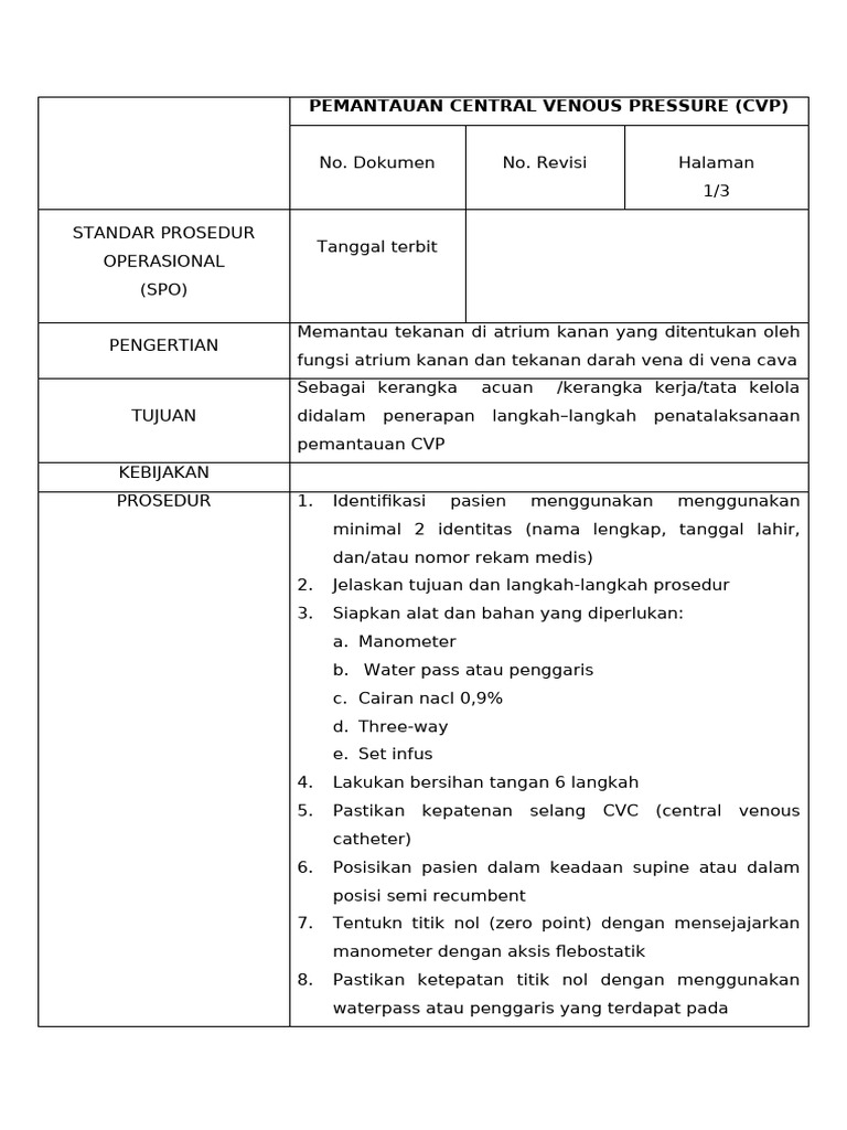 SPO PEMANTAUAN CENTRAL VENOUS PRESSURE (CVP) | PDF