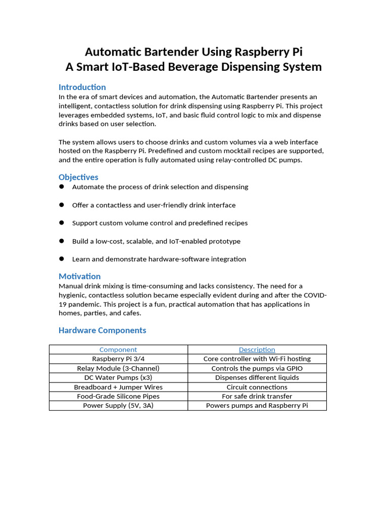 Report (Automatic Bartender Using Raspberry Pi) | PDF | Raspberry Pi | Internet Of Things