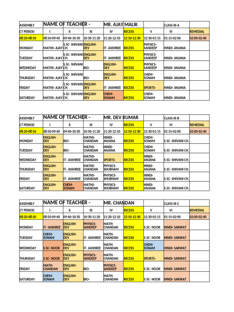 Class Schedule for IX to XII Students | PDF