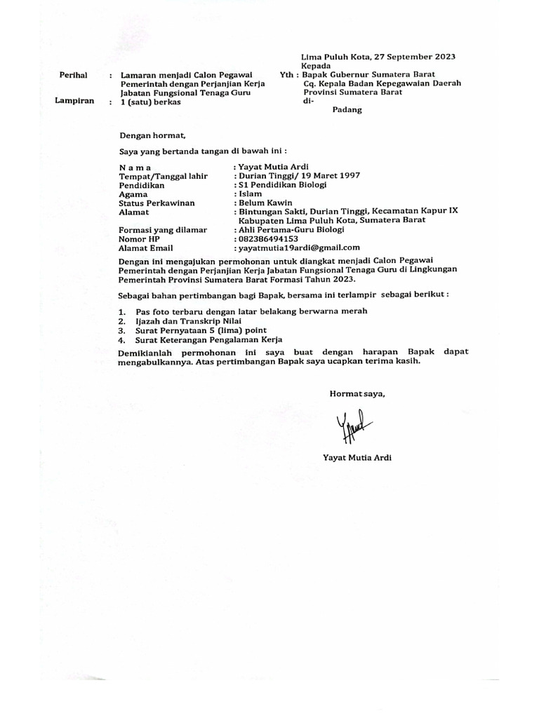 Surat Lamaran Yayat Mutia Ardi | PDF