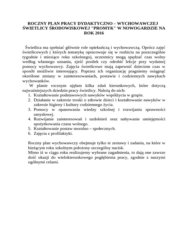 Roczny Plan Na 2016 | PDF