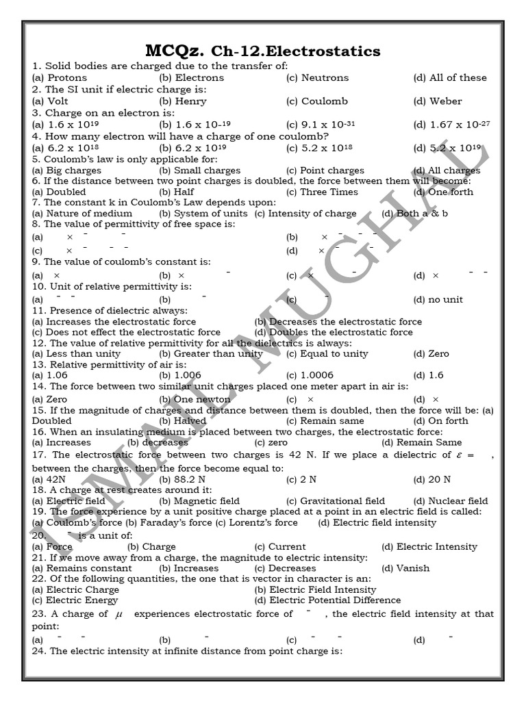 Electrostatics MCQs for Physics Students | PDF | Capacitor | Electric Field