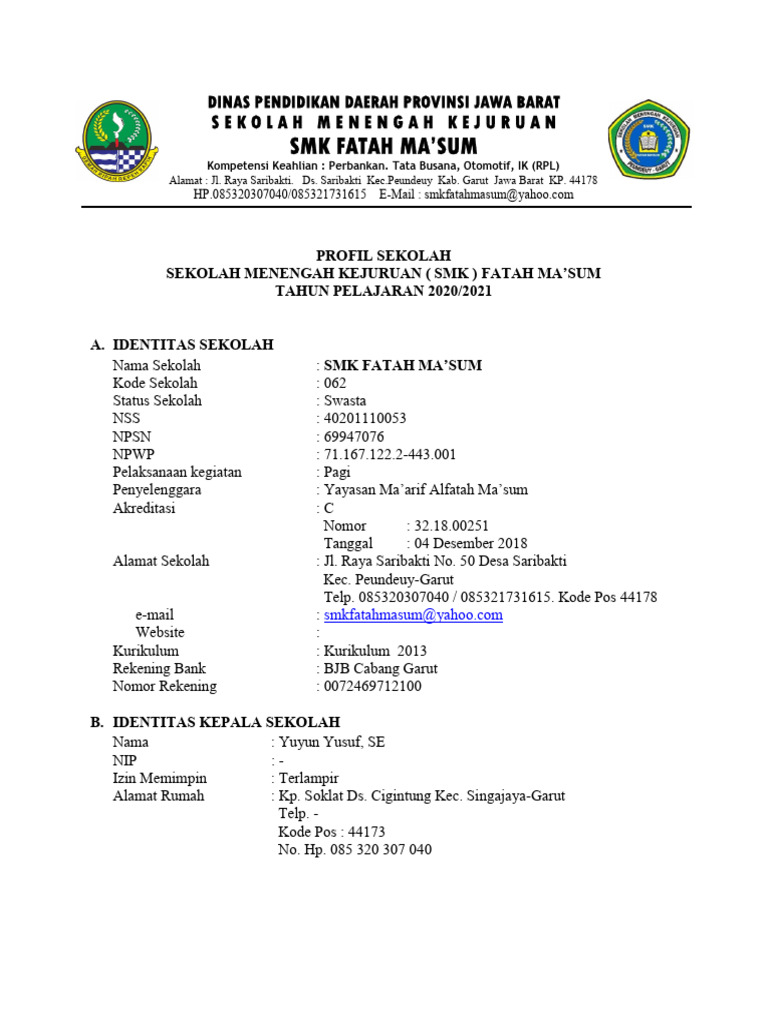 Profil Sekolah SMK Fatah Ma'sum 2020 | PDF