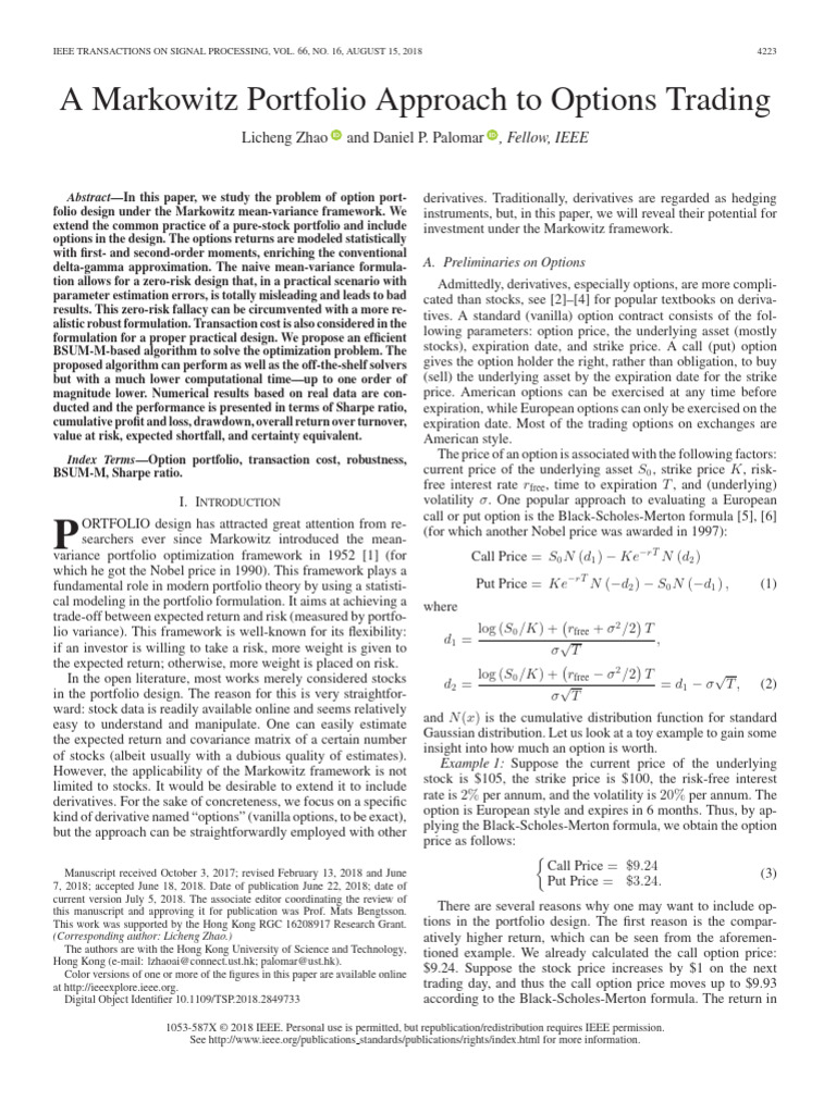 ZhaoPalomar2018 - Markowitz Options Portfolio | PDF | Option (Finance ...
