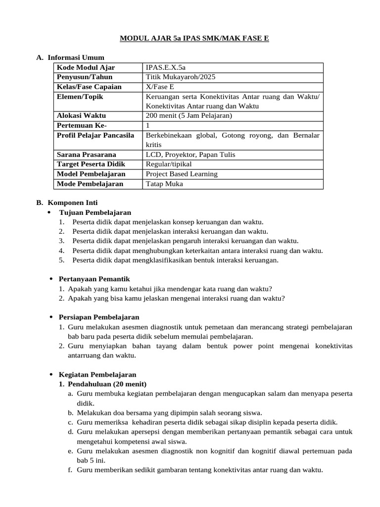 Modul Ajar IPAS SMK Keruangan Serta Konektivitas Antarruang Dan Waktu | PDF