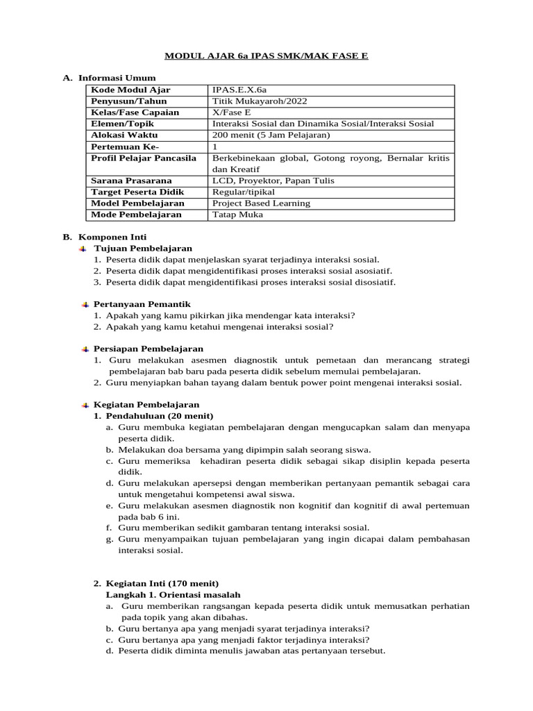 Modul Ajar IPAS SMK Interaksi Sosial Dan Dinamika Sosial | PDF
