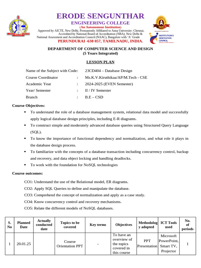 23CD404 - Lesson Plan With Lab | PDF | Databases | Relational Model