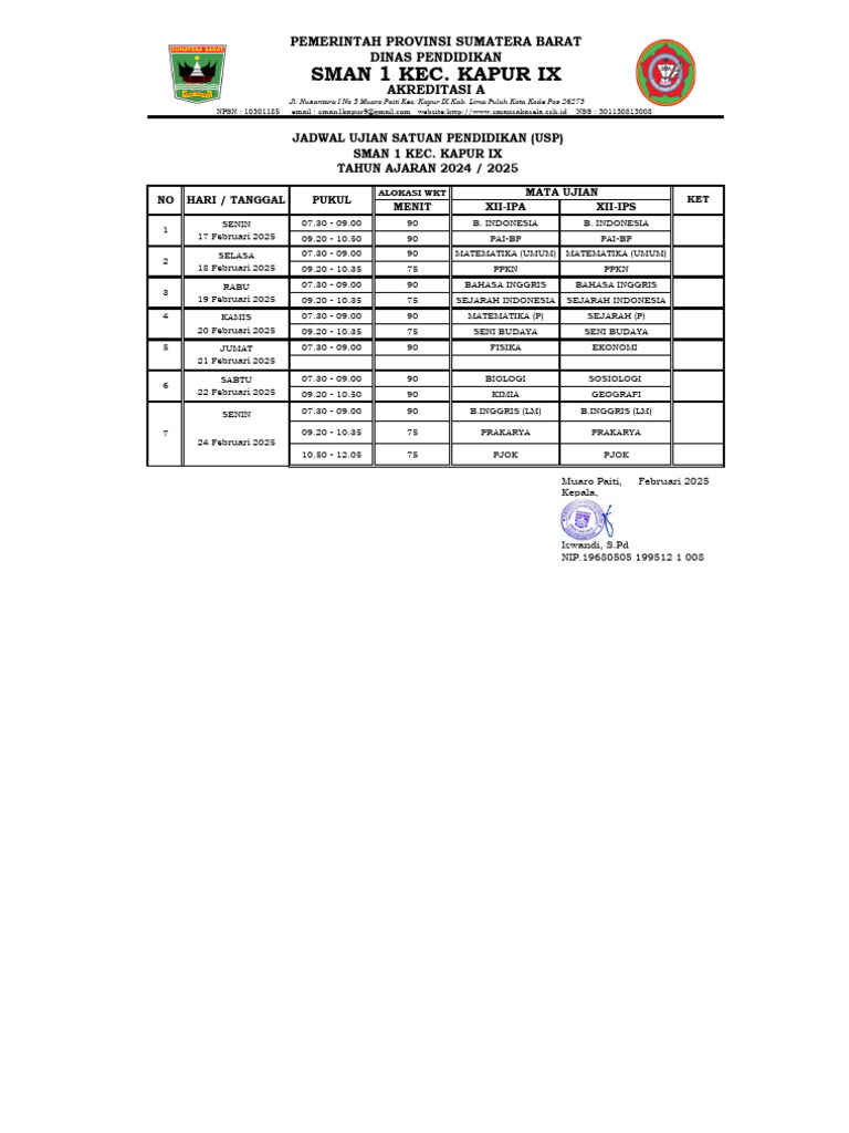 Ok Jadwal Usp 2025 Sman 1 Kec Kapur Ix | PDF