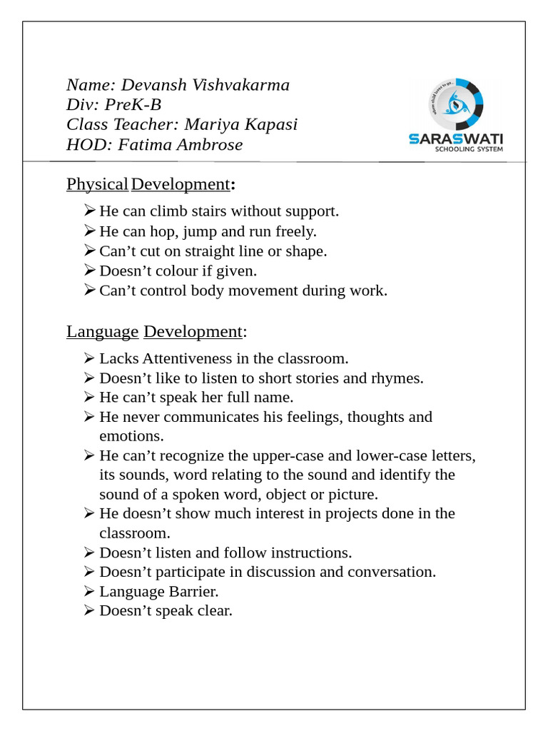 Developmental Assessment of Devansh Vishvakarma | PDF