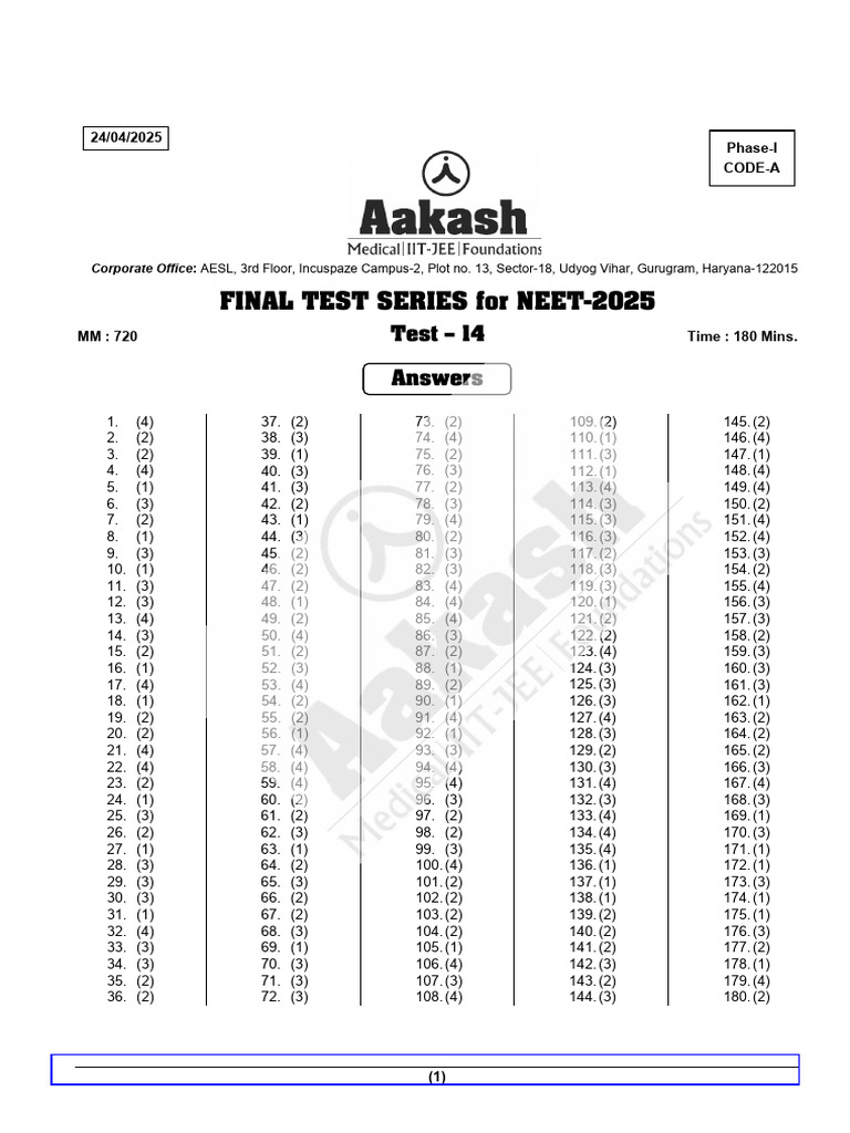FTS 14A (P1) - 24 04 2025 - Sol | PDF | Artery | Vein