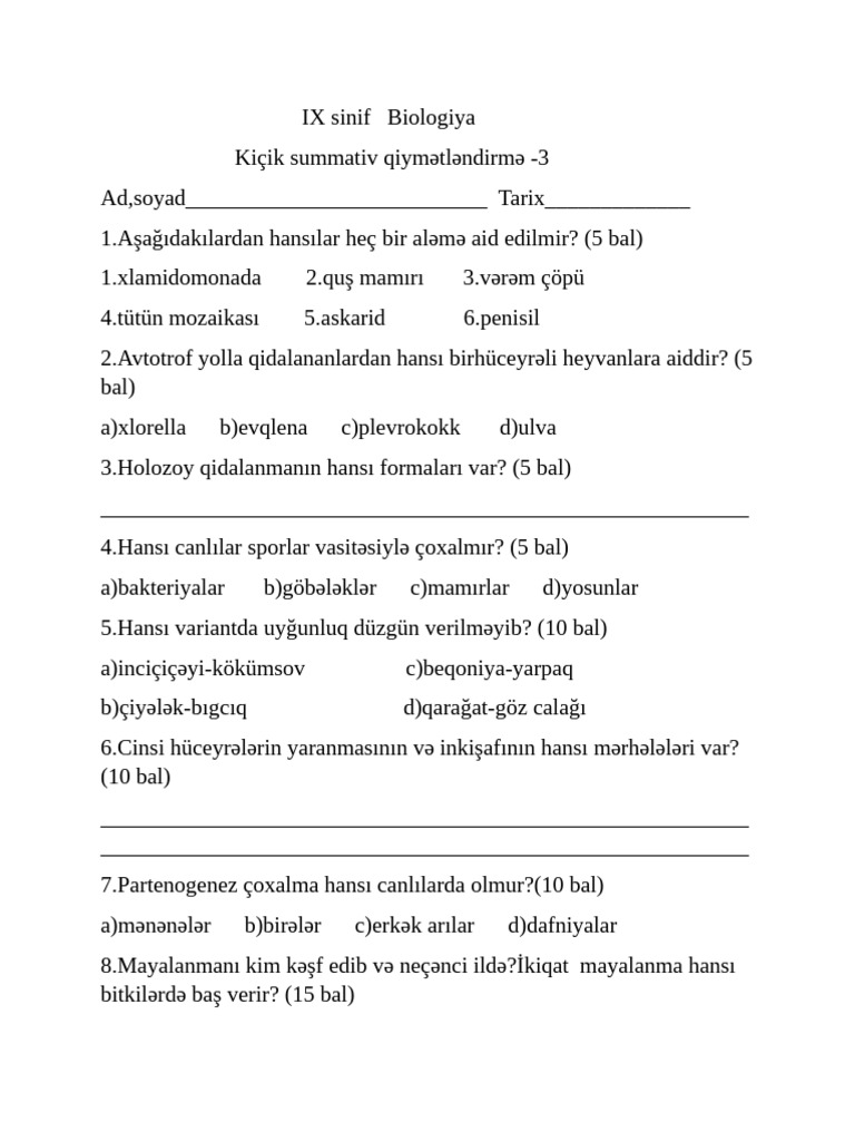 IX Sinif Biologiya | PDF