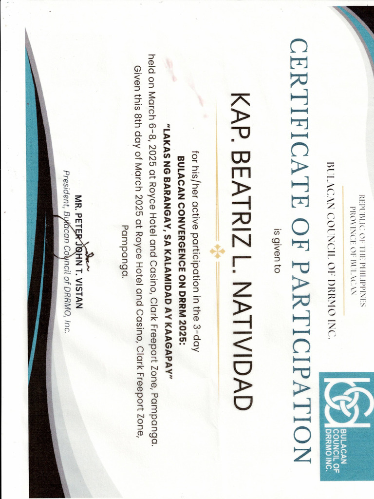 Bdrrmo Cert 2025-Kap Beatriz | PDF