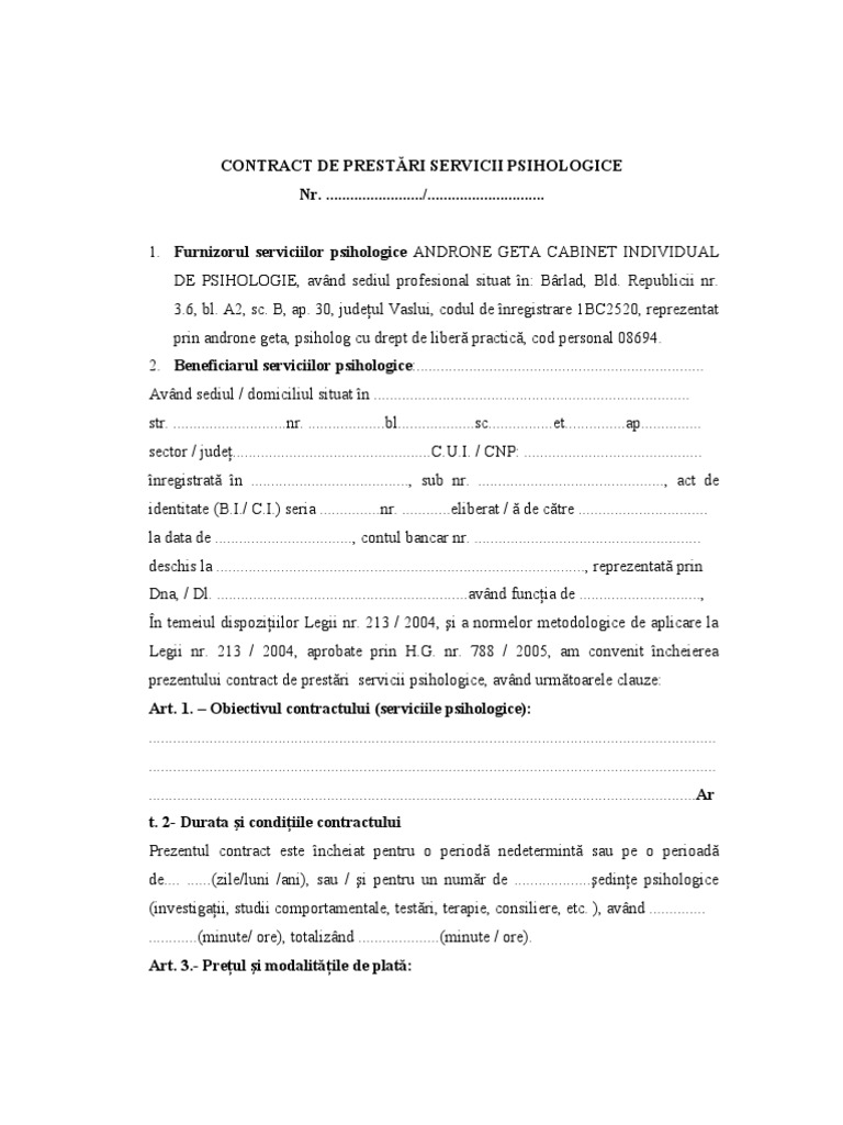 CONTRACT DE PRESTĂRI SERVICII PSIHOLOGICE