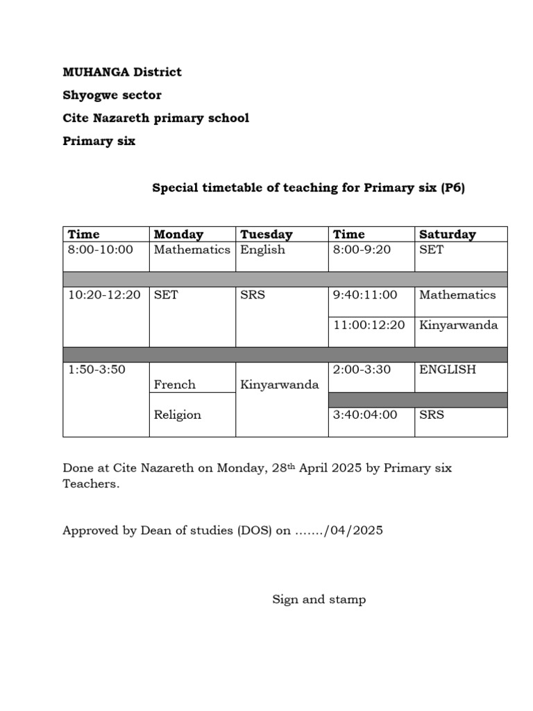 Special Timetable For p6 | PDF