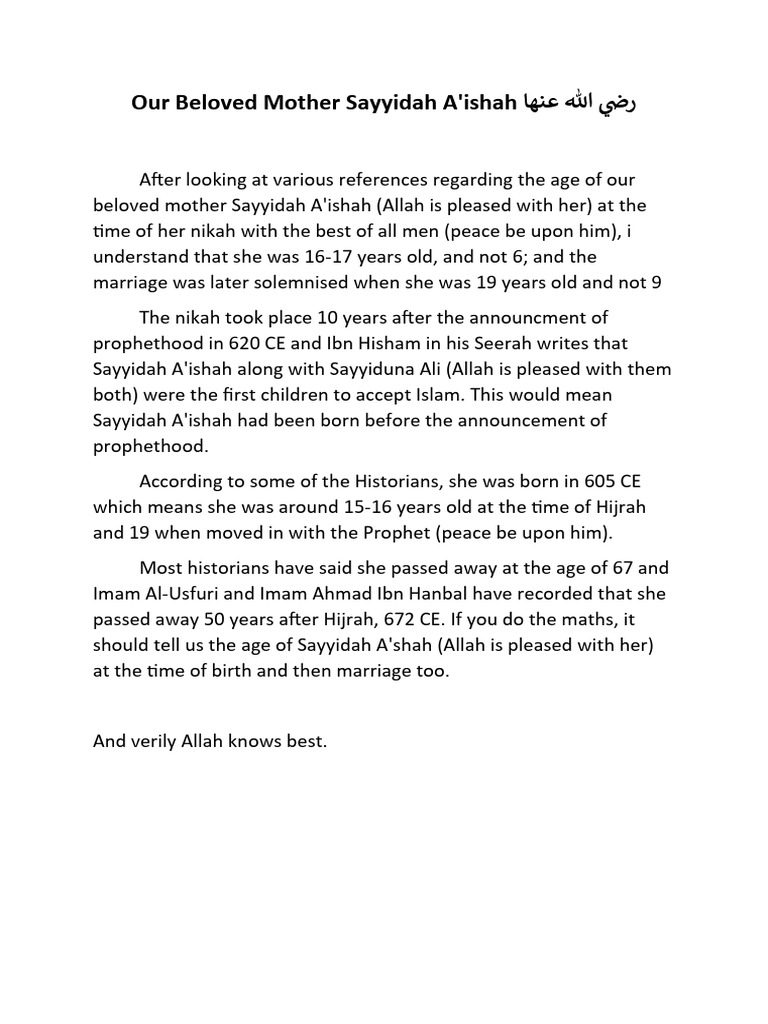 Sayyidah A'ishah's Age at Marriage | PDF