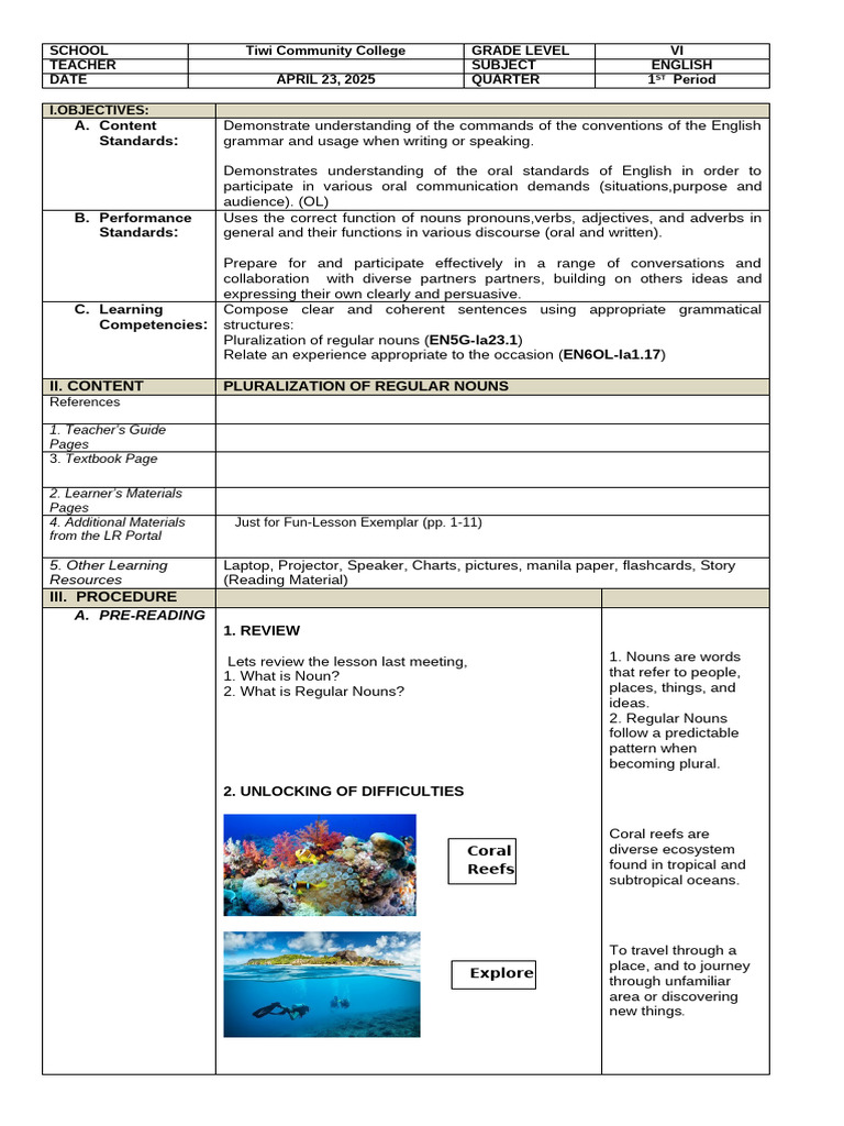LESSON EXEMPLAR IN ENGLISH 6 - SRF | PDF | English Language | Plural