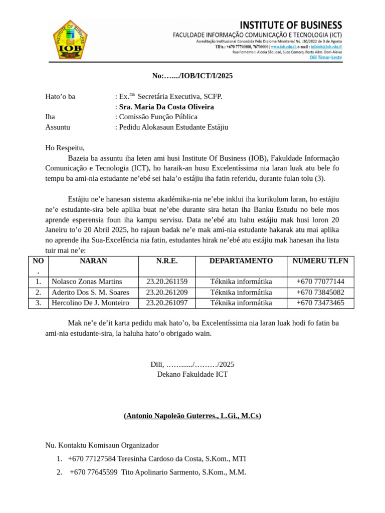 Pedido de Estágio para Estudantes IOB | PDF