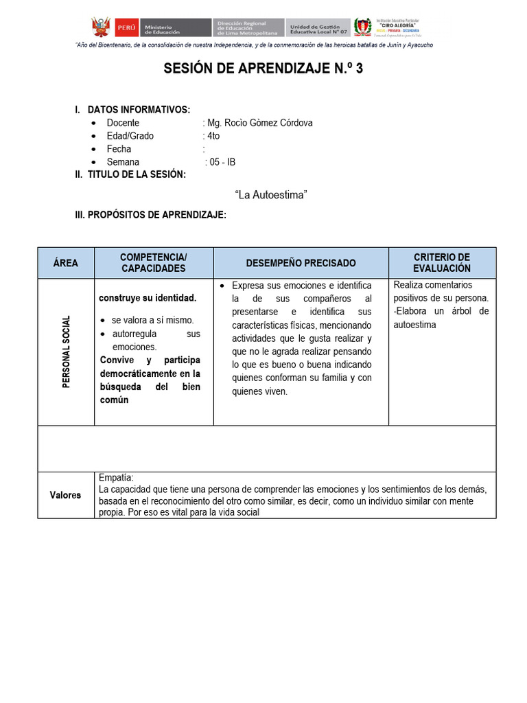 2024-SA03-SEM05 IB - PERSONAL SOCIAL - (La Autoestima) - PM4 | PDF | Autoestima | Las emociones