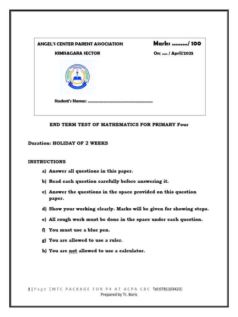 END TERM PACKAGEOF MTC FOR PRIMARY Four | PDF | Mathematics | Arithmetic