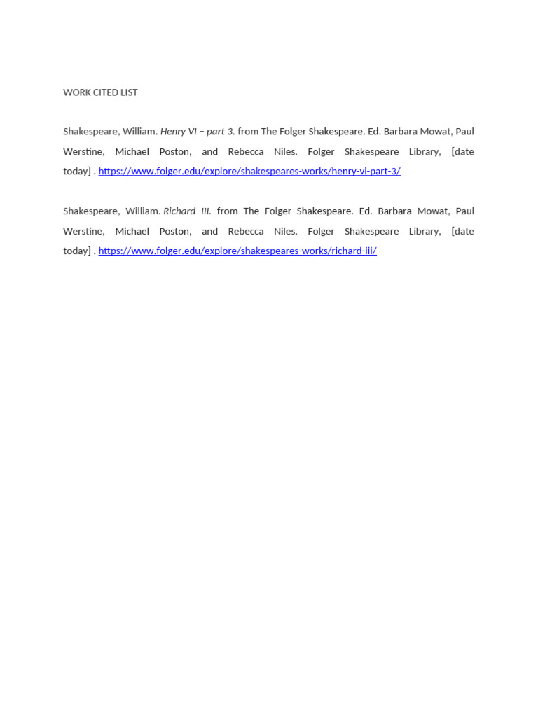 Folger Shakespeare Works Cited List | PDF