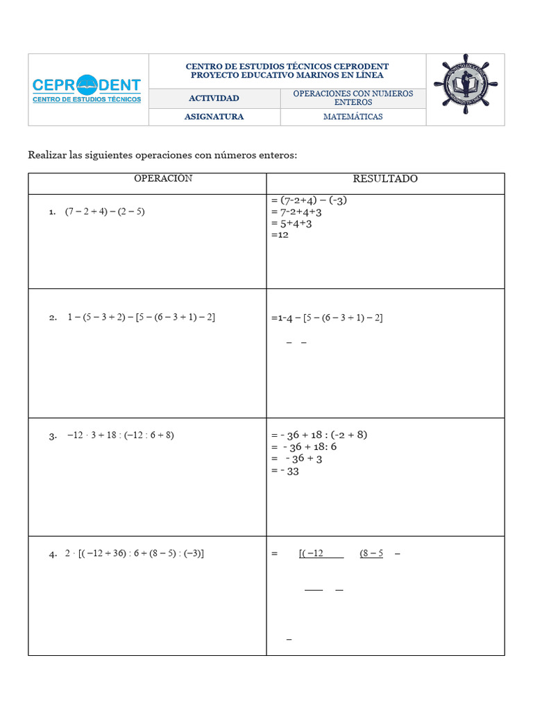 Guía operaciones con enteros | PDF