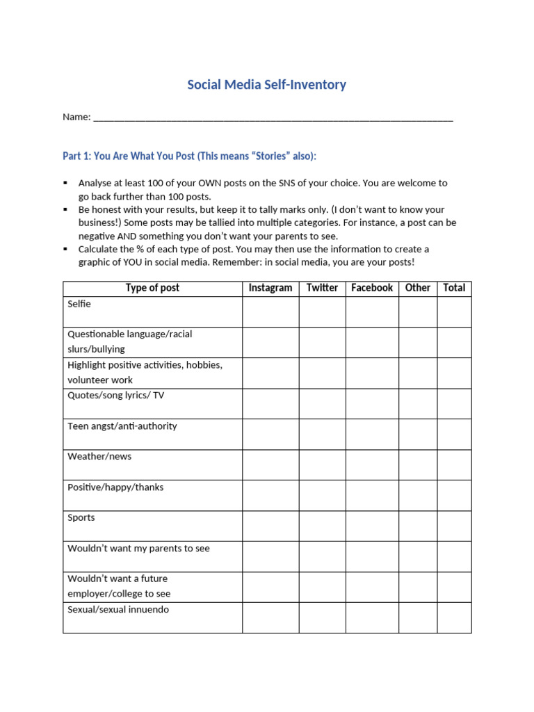 Social Media Self Inventory Worksheet | PDF | Social Media | Popular Culture & Media Studies