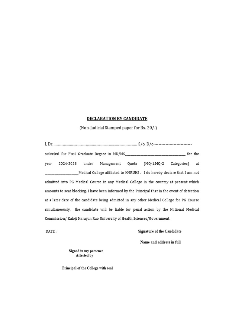 PGs Proforma Declaration by The Candidate MQ1 and MQ2 Candidates | PDF