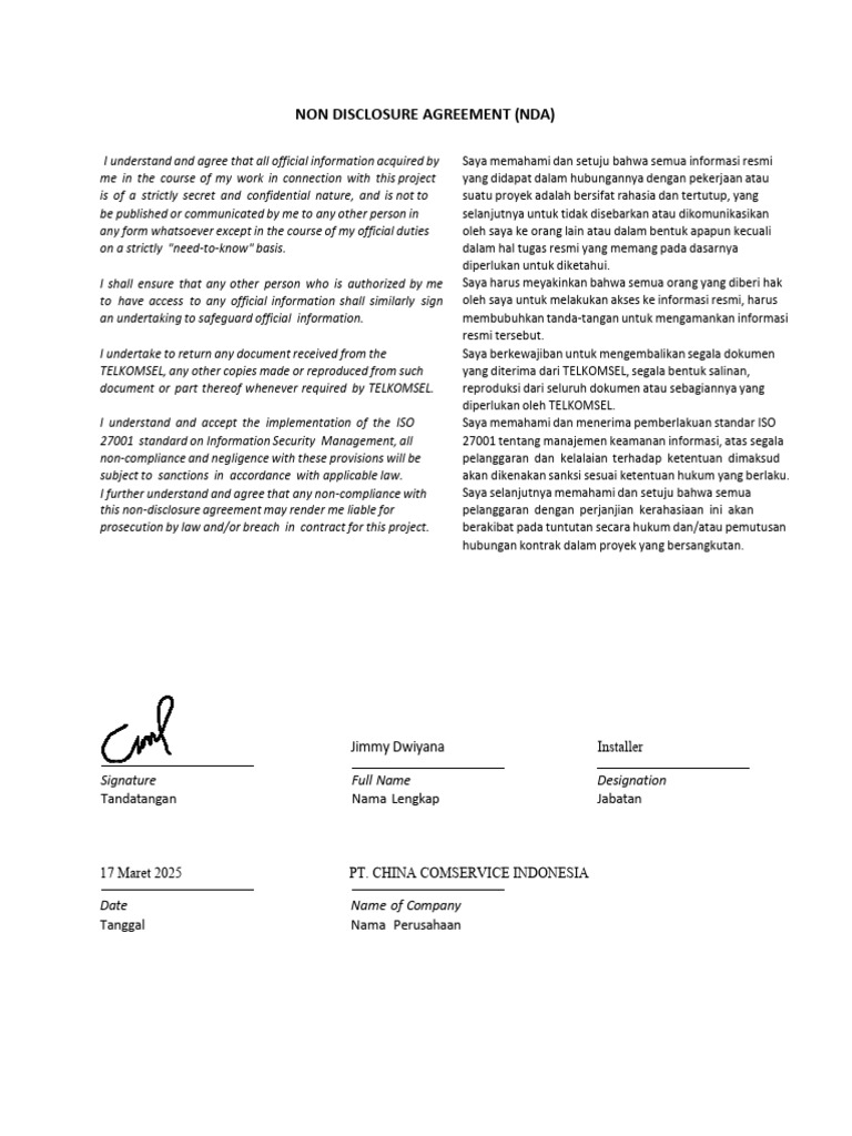 INeOM UAM - Non Disclosure Agreement Jimmy Dwiyana | PDF