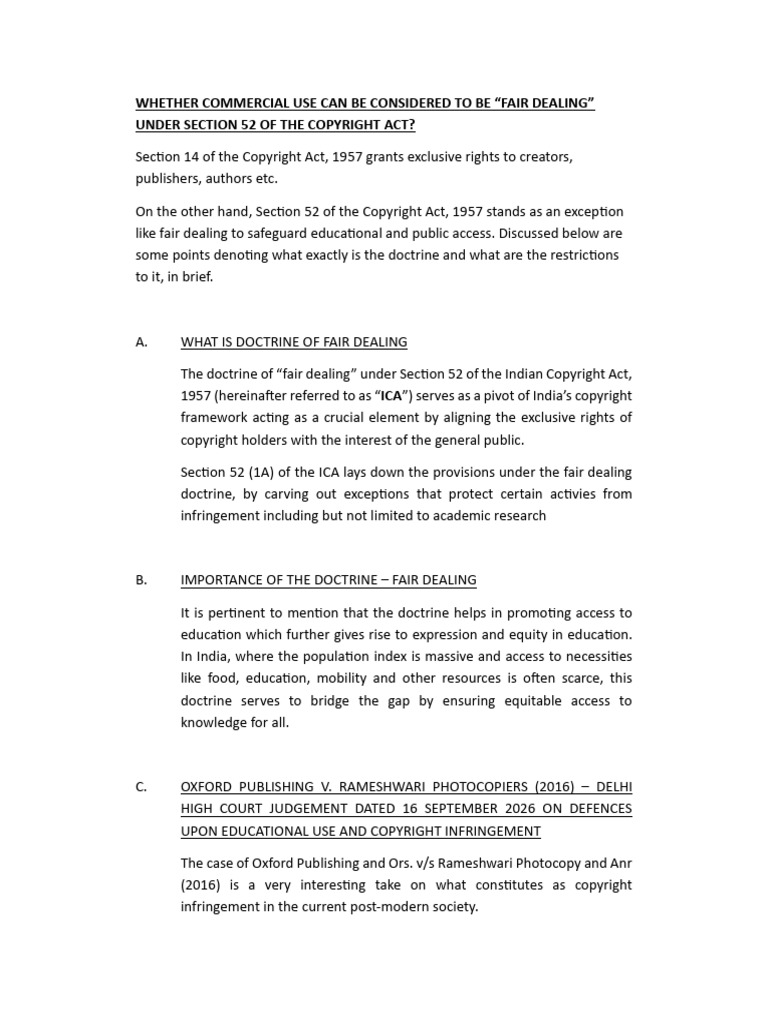 Fair Dealing Essay - Sharadagnihotri | PDF | Fair Dealing | Copyright