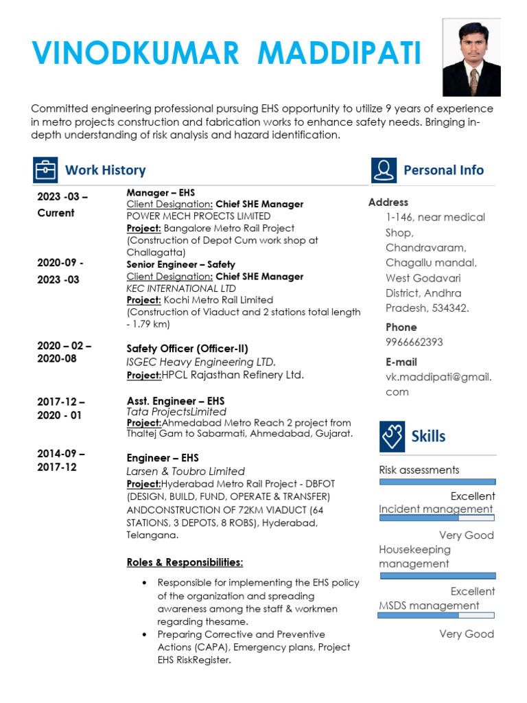 CV - Maddipati Vinod Kumar | PDF | Safety