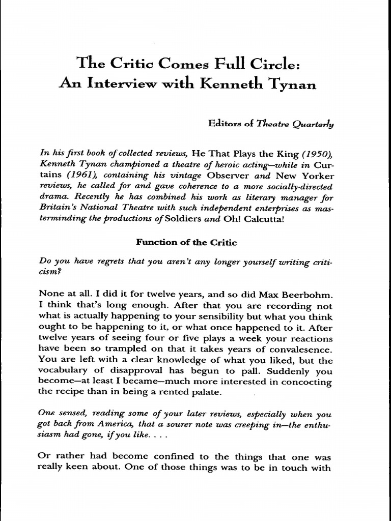 The Critic Comes Full Circle - An Interview With Kenneth Tynan | PDF ...