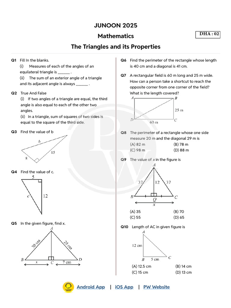 The Triangles and its Properties _ DHA 02 (Of Lec 04) __ Junoon 2025 | PDF | Triangle | Rectangle
