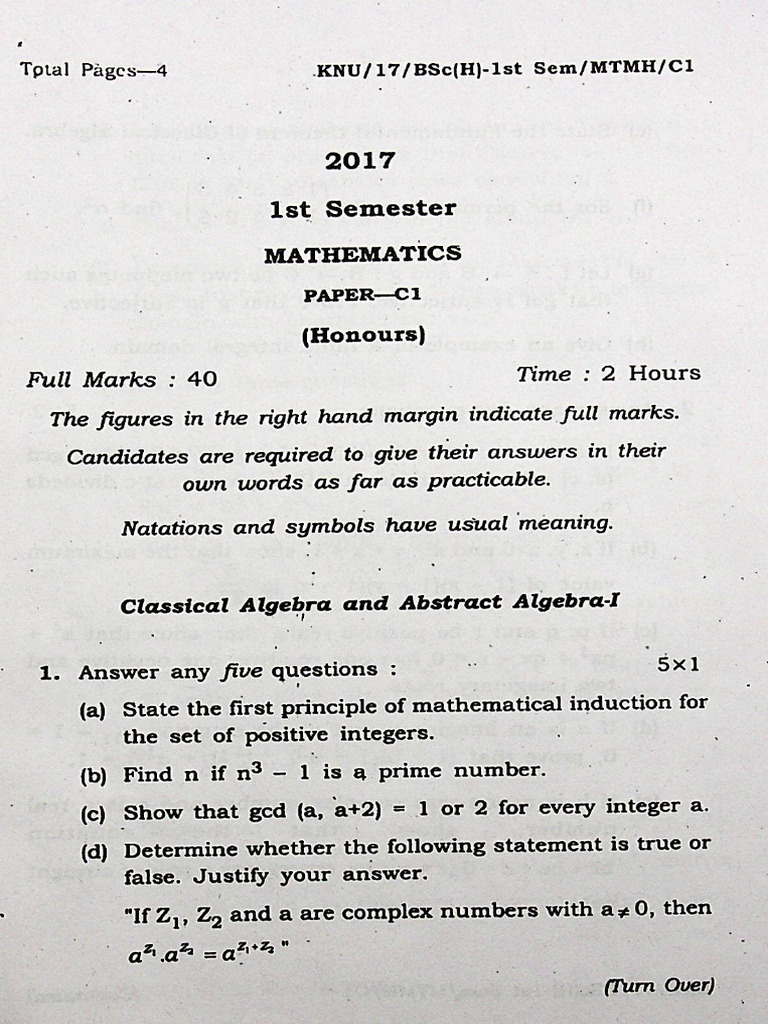 Mathematics 1st Sem Paper-c1(Hons.)2017 | PDF