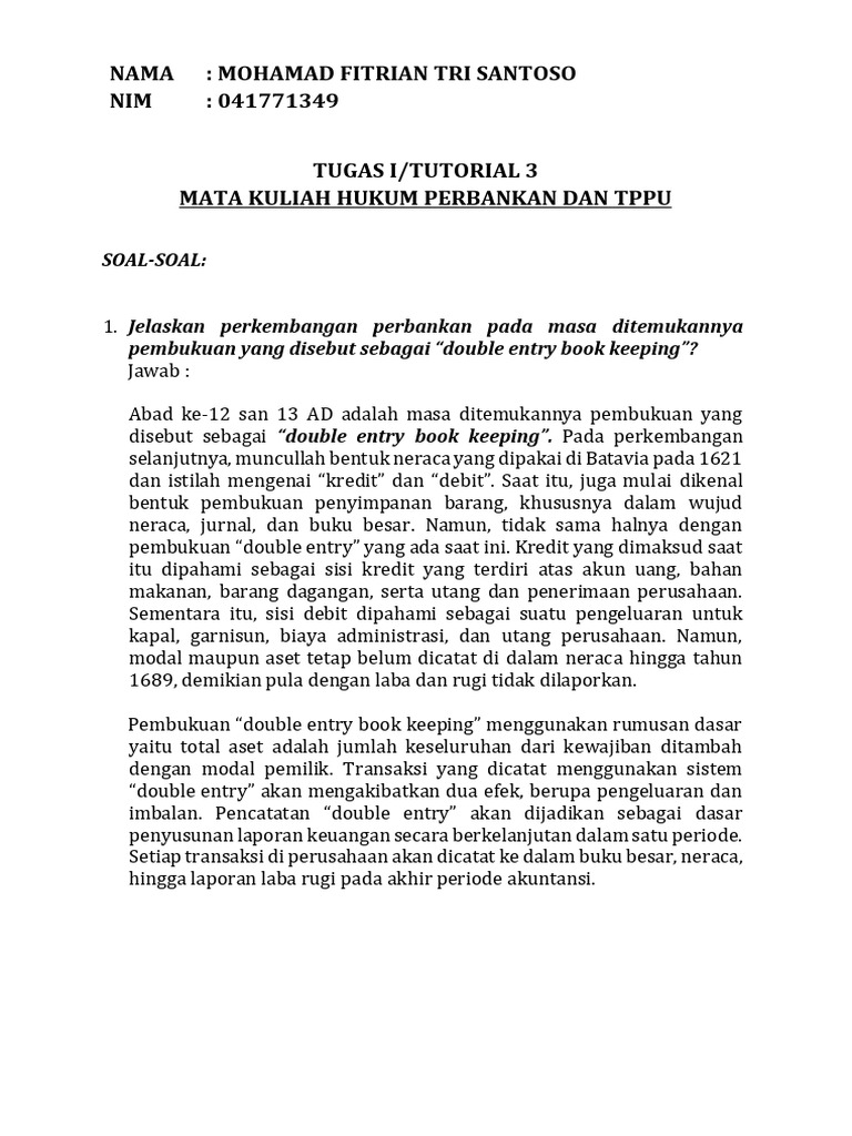 Mohamad Fitrian Tri Santoso - Tugas I Hkum4308 Hukum Perbankan Dan Tppu ...