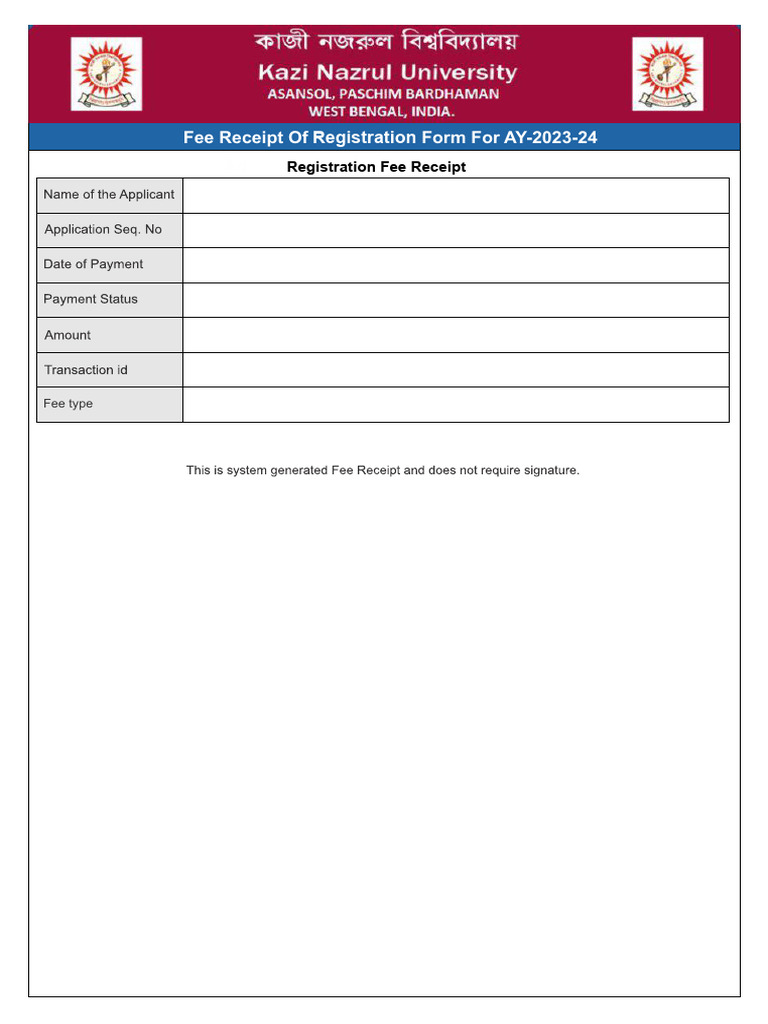 Registration Fee Receipt AY-2023-24 | PDF