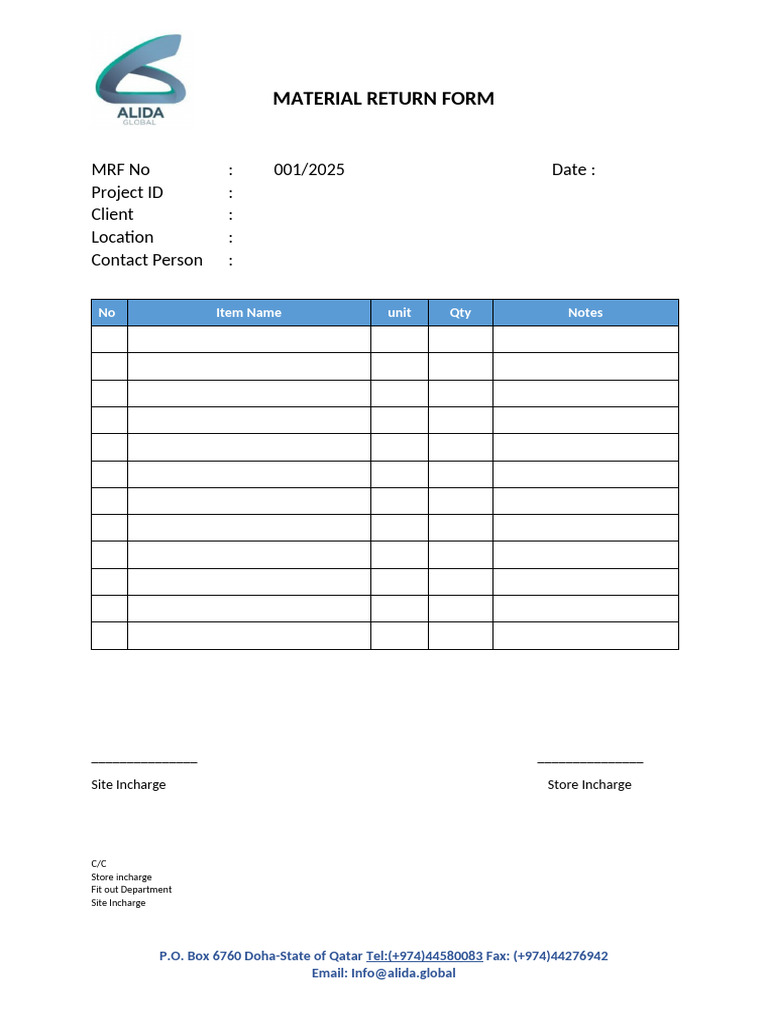 Material Return Form Alida | PDF