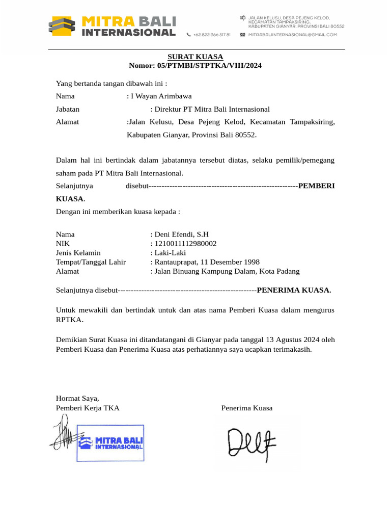 Surat Kuasa Pemberi Kerja Tka PT Mbi | PDF